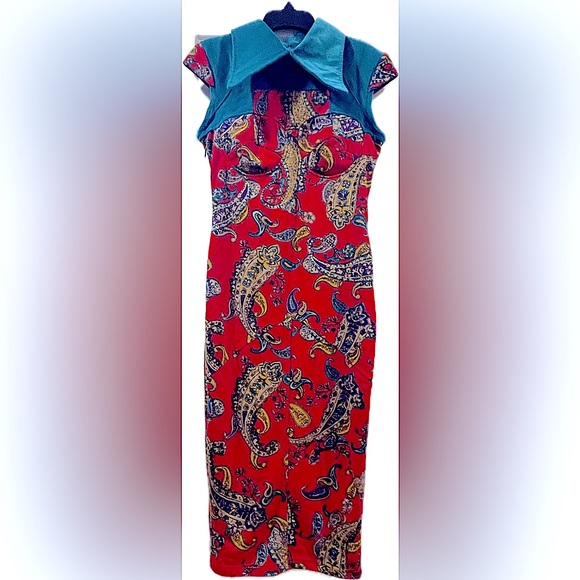 Nuvula | Dresses | Nuvula Body Con Stretch Red Teal Paisley Midi Dress ...